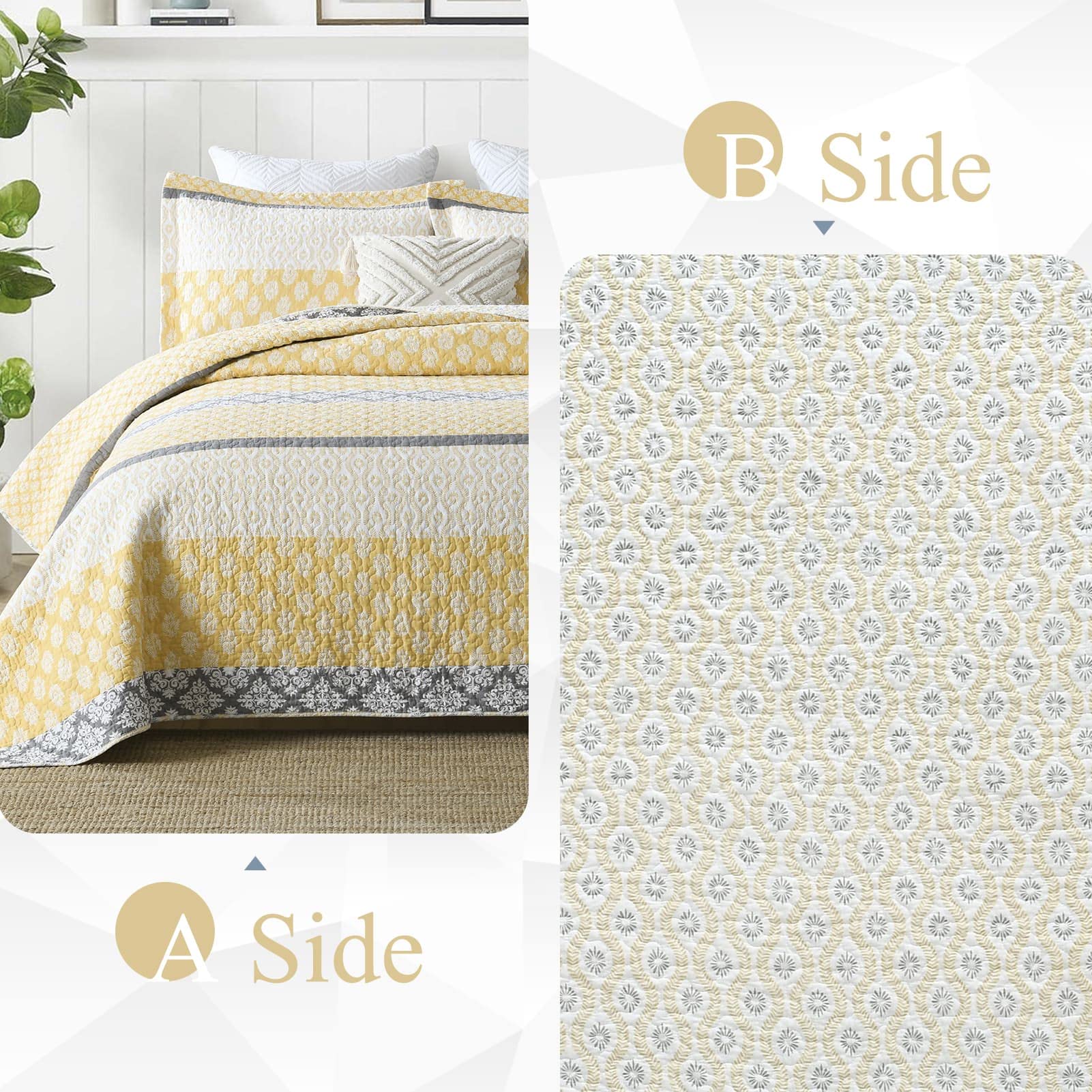 DDUOXIN Floral Quilts King Size - 100% Cotton Reversible King Quilt with 2 Pillow Shams, Farmhouse Soft Bedspreads Lightweight King Quilt Bedding Set, Yellow/Grey, King