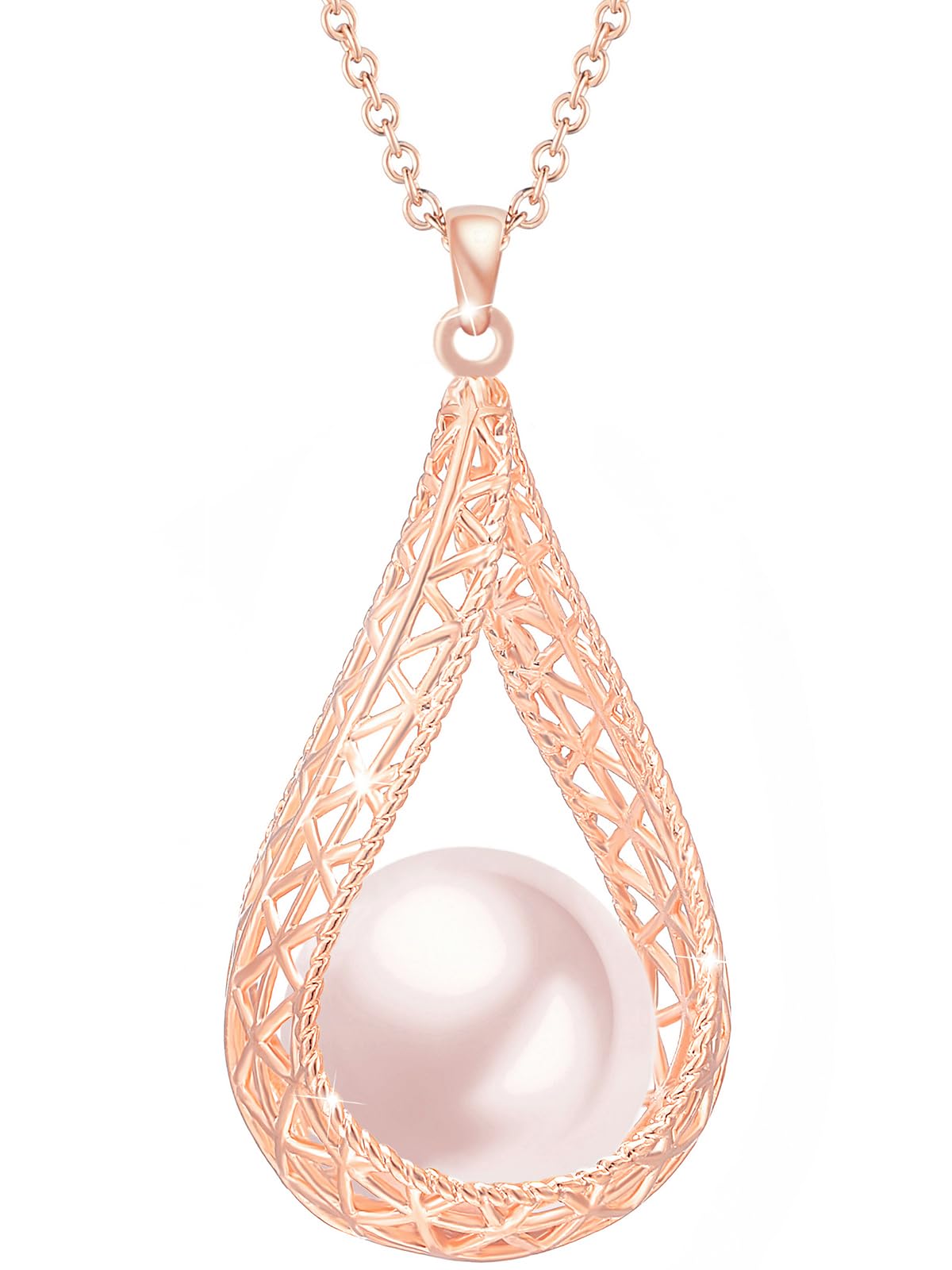 Big Light Pink Pearl Large Pendant Drop Dangle Simple Prom Formal Necklace for Women Trendy Handmade Hypoallergenic Rose Glod Plated Costume Jewelry (Light Pink-Rose Gold)