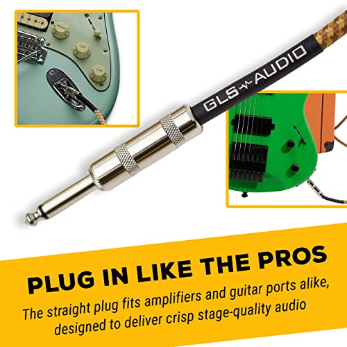 GLS Audio Instrument Cable - 1/4 Inch TS to 1/4 Inch Instrument Cable for Bass/Electric Guitar- Brown/Yellow Braided Tweed, 15ft