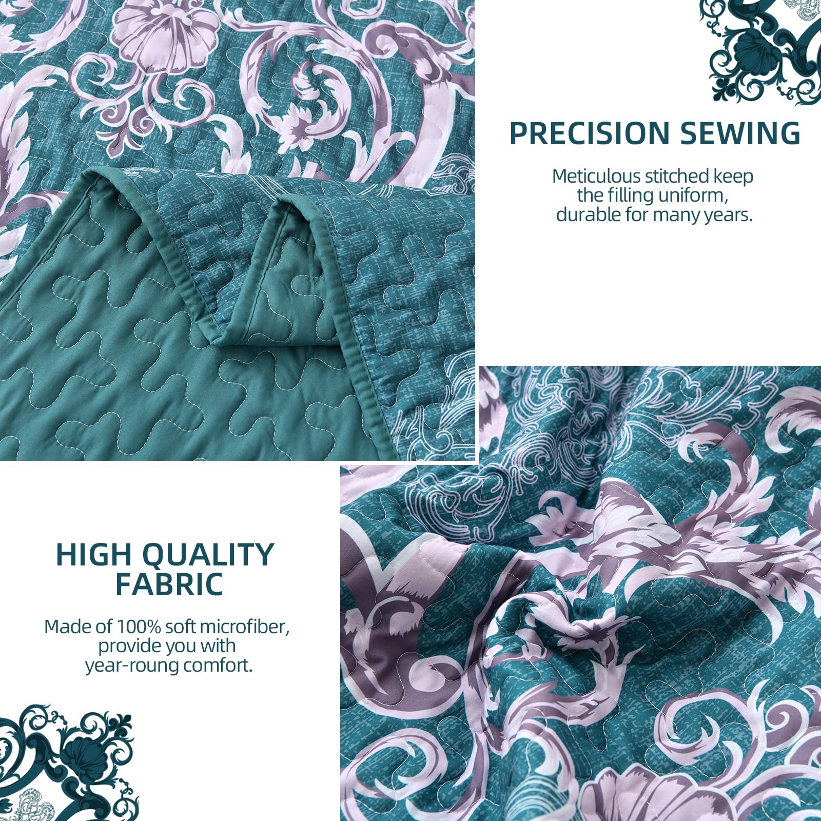 Dobuyly Teal Quilt Set Queen Size, 3 Pieces Boho Damask Green Bedspread Coverlet Set with 2 Pillowcases, Soft Lightweight Microfiber Luxury Quilt Bedding Set for All Season 96"x90"