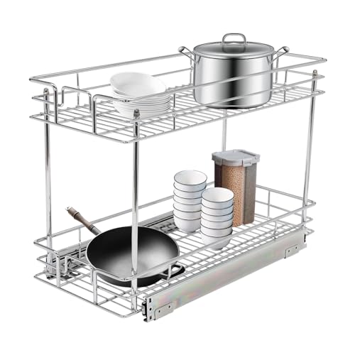 GDAE10 Heavy Duty Cabinet Pull Out Shelves, 2-Tier Pull Out Cabinet Organizer, Silver Slide Out Cabinet Organizer Storage for Home Kitchen