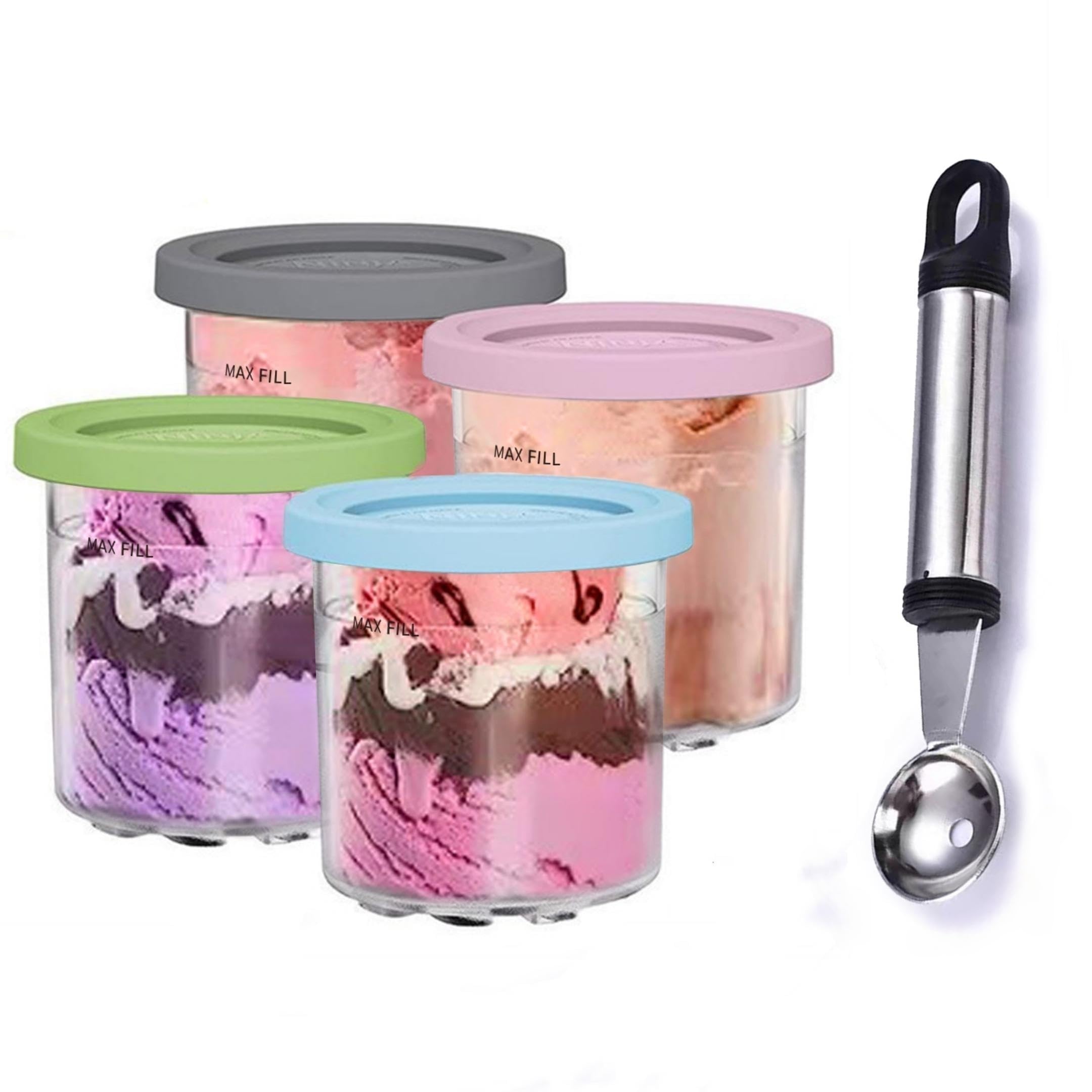 TKLIFE 16oz Cups containers,Extra Replacement Pints and Lids,storage container Compatible with Ninja Creami NC299 NC300 Series Creami Ice Cream Makers,Dishwasher Safe，Leak Proof Lids - 4 Pack