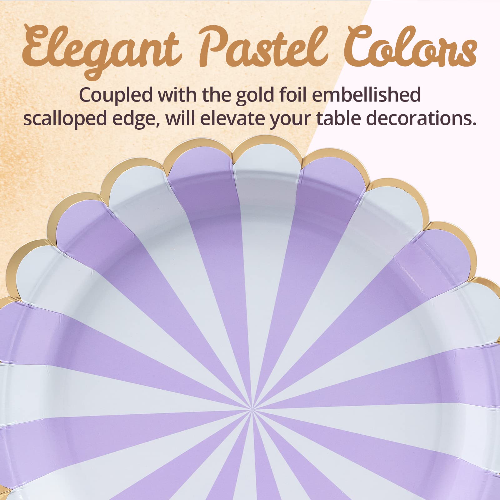 Confettiville Party Paper Plates, 50-Pack, Disposable Paper Plates, Gold Foil Scalloped Edge, Striped Pastel, 6 Colors, 9-Inch