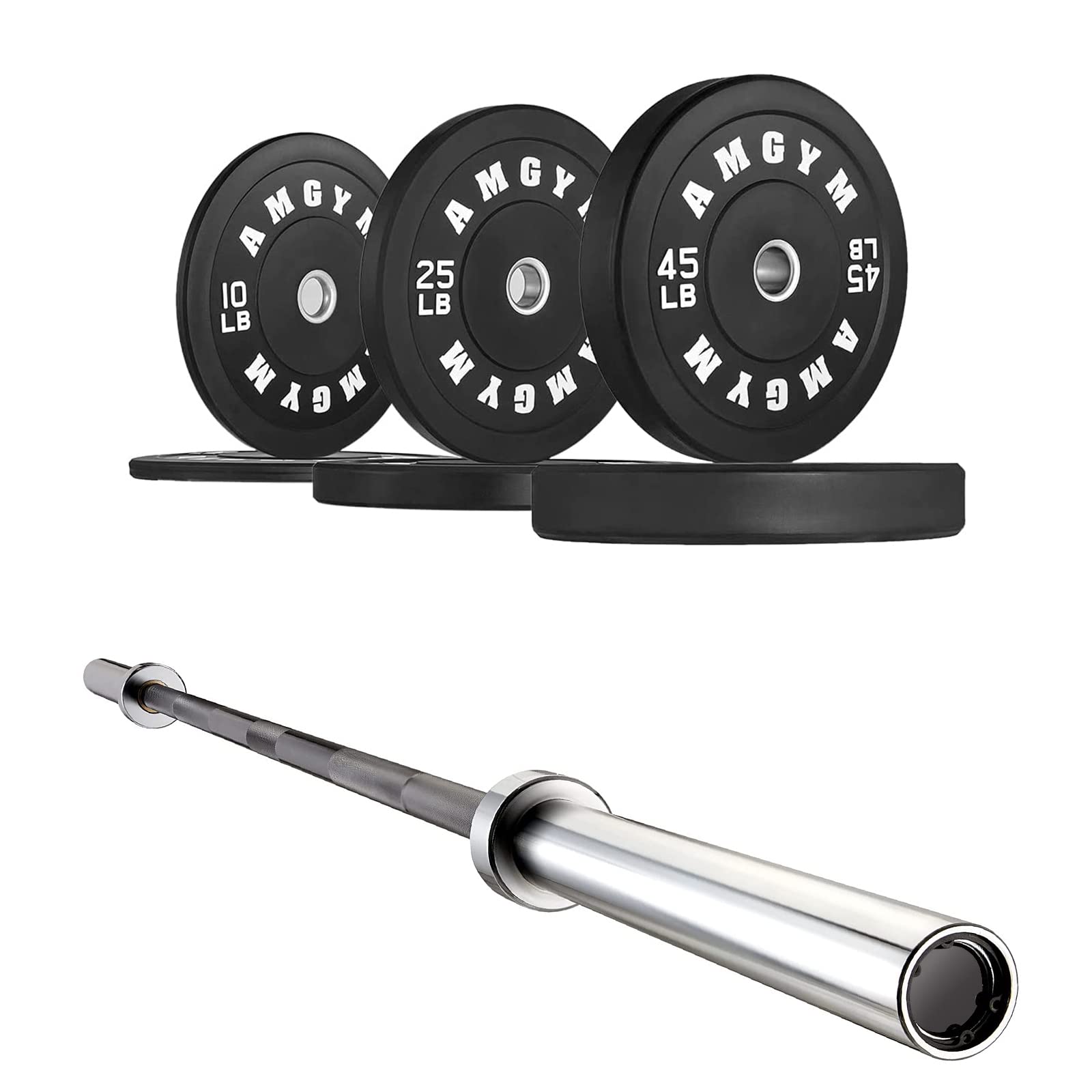 AMGYM Bumper Plates Set with 7-Foot 1200 LB Capacity Olympic Barbell, Black Rubber Weight Plates with Steel Insert, Weight Bar with Zinc Plating for Weightlifting Powerlifting (160LB + Bar)