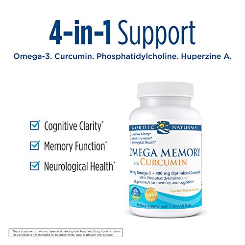 Nordic Naturals Omega Memory with Curcumin, Lemon - 60 Soft Gels - 1000 mg Omega-3 + 400 mg Optimized Curcumin - Memory, Cognition - Contains Phosphatidylcholine & Huperzine A - Non-GMO - 30 Servings