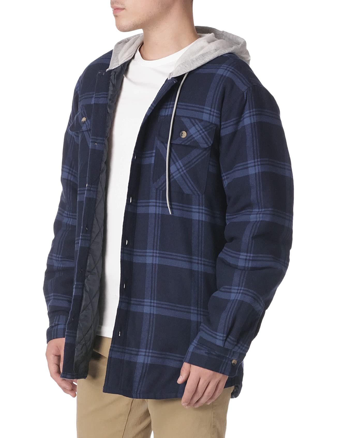 Wrangler Authentics Men's Long Sleeve Quilted Lined Flannel Shirt Jacket with Hood, Navy, X-Large