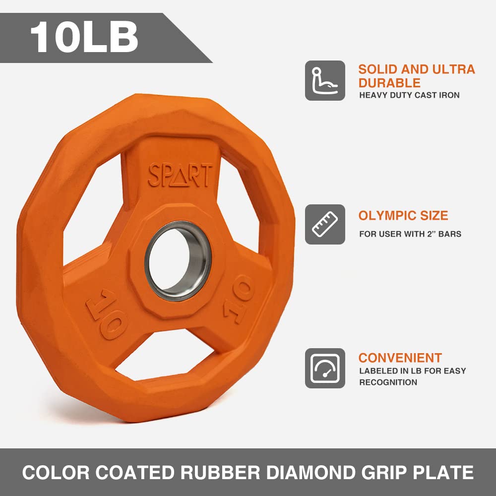 SPART Color Coded Weight Plate 2-Inch Rubber Coated Olympic Grip Plate for Barbell,Solid Cast Iron Weight Plates for Strength Training,Weightlifting,Crossfit,Home Gym, 275LB Combo