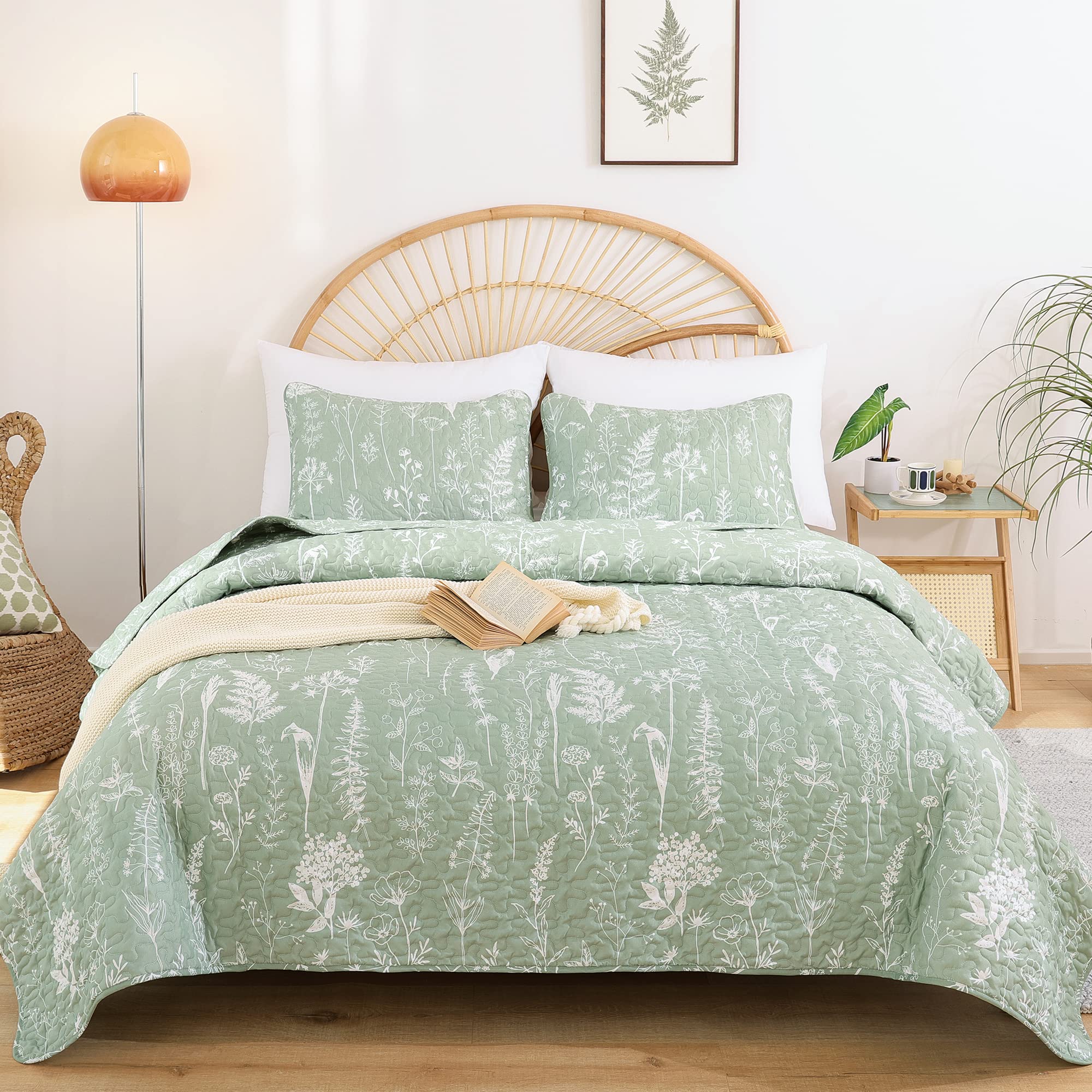 JANZAA Quilts Queen Size Sage Green Quilt Botanical with Floral Pattern Microfiber Bedspreads Queen Size 3 Pieces Lightweight Comforter Reversible Bedding Set with 2 Pillow Cases