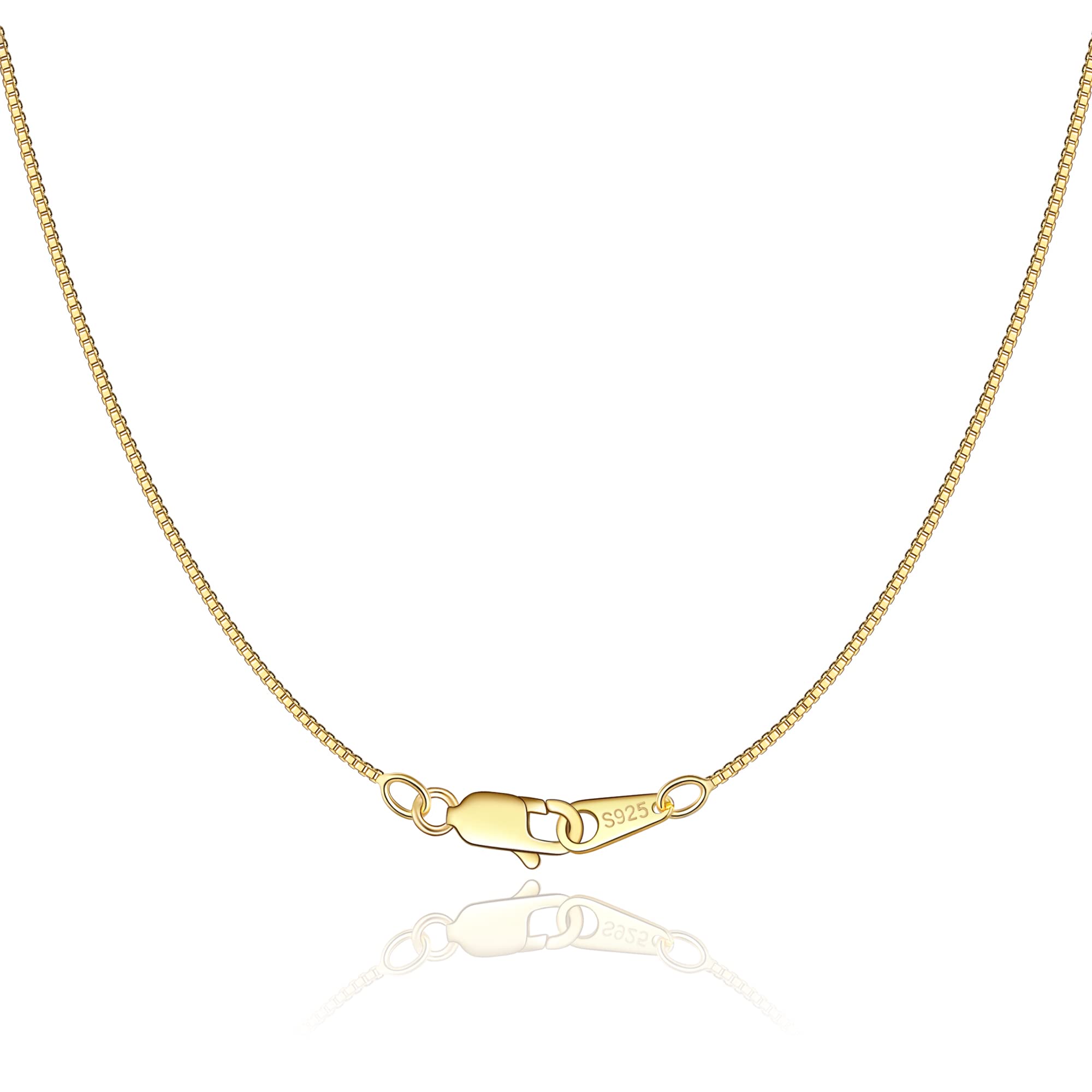 Jewlpire 18K Over Gold Chain Necklace for Women Girls- 0.8mm Box Chain 925 Sterling Silver Chain Super Thin & Sturdy Women's Chain Necklaces 16 Inch