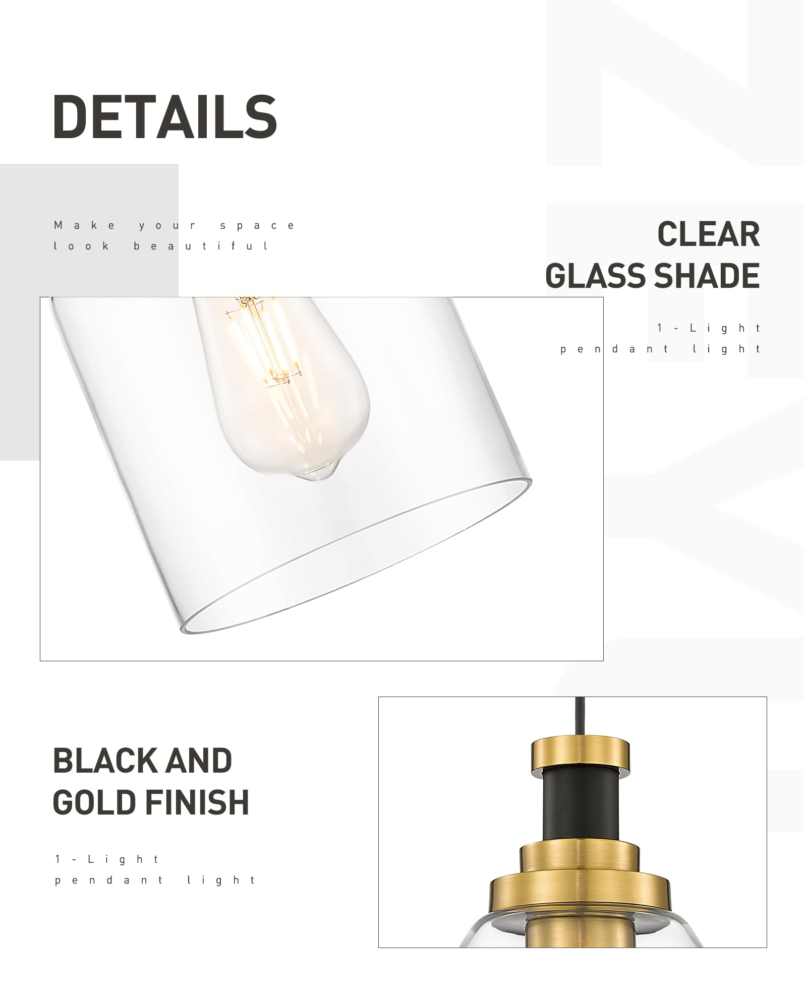 zeyu Modern Hanging Pendant Lights 2 Pack, Kitchen Pendant Lighting with Clear Glass Shade, Black and Gold Finish, ZG33M1L-2 BK+BG