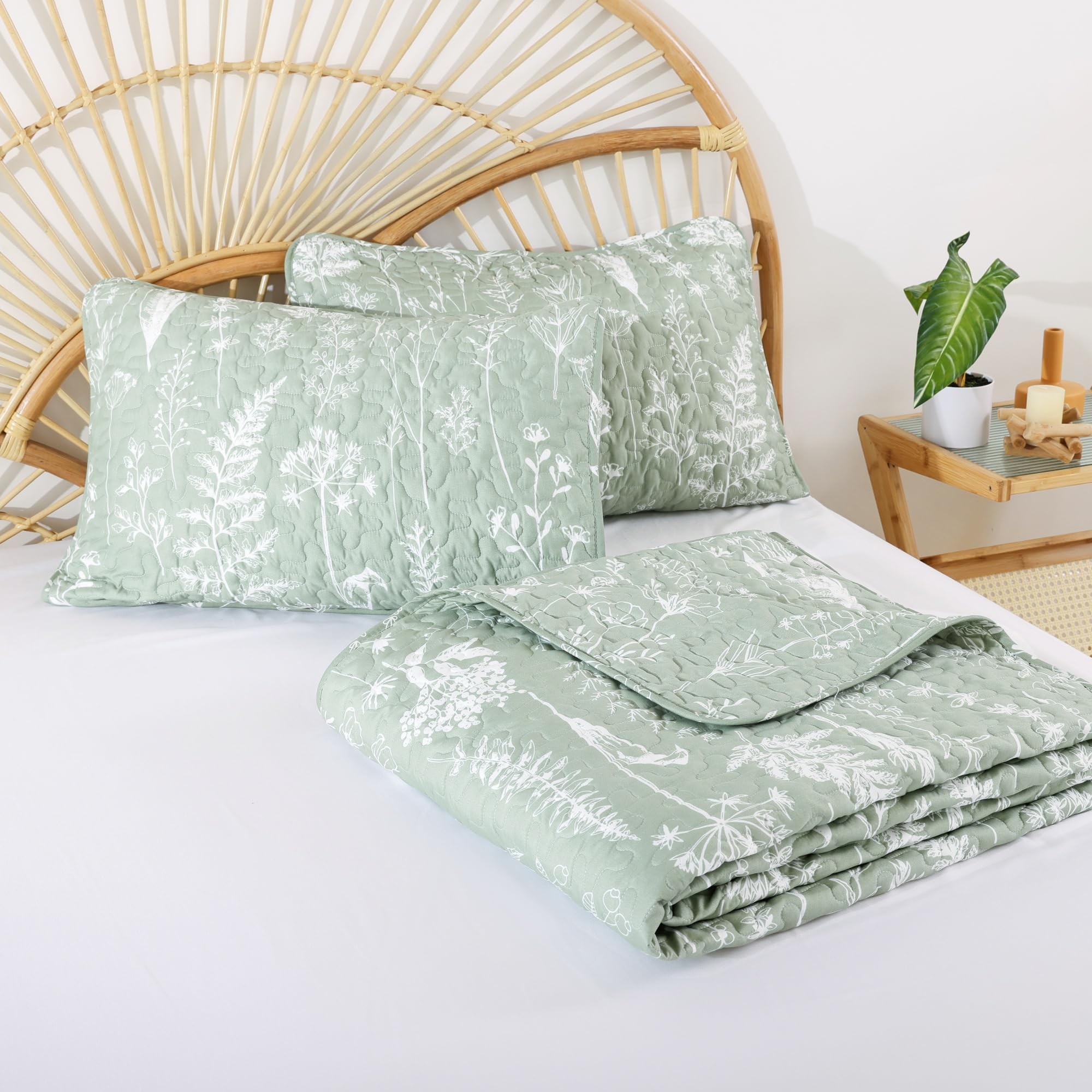 JANZAA Quilts Queen Size Sage Green Quilt Botanical with Floral Pattern Microfiber Bedspreads Queen Size 3 Pieces Lightweight Comforter Reversible Bedding Set with 2 Pillow Cases