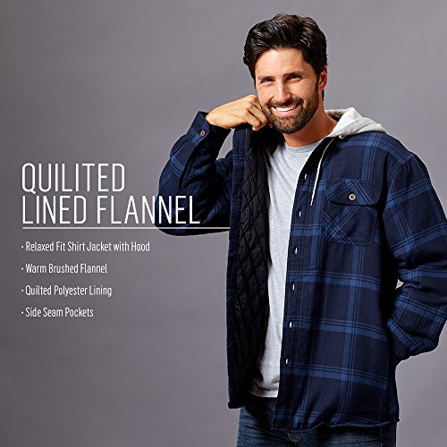 Wrangler Authentics Men's Long Sleeve Quilted Lined Flannel Shirt Jacket with Hood, Navy, X-Large
