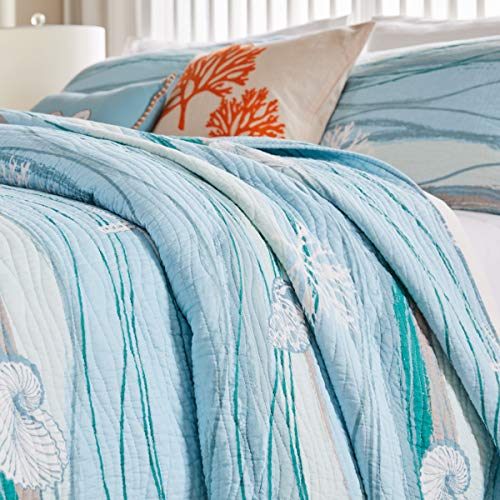 Greenland Home Maui Embroidered Coastal Quilt and Pillow Sham Set, King/California King (3 Piece), Blue