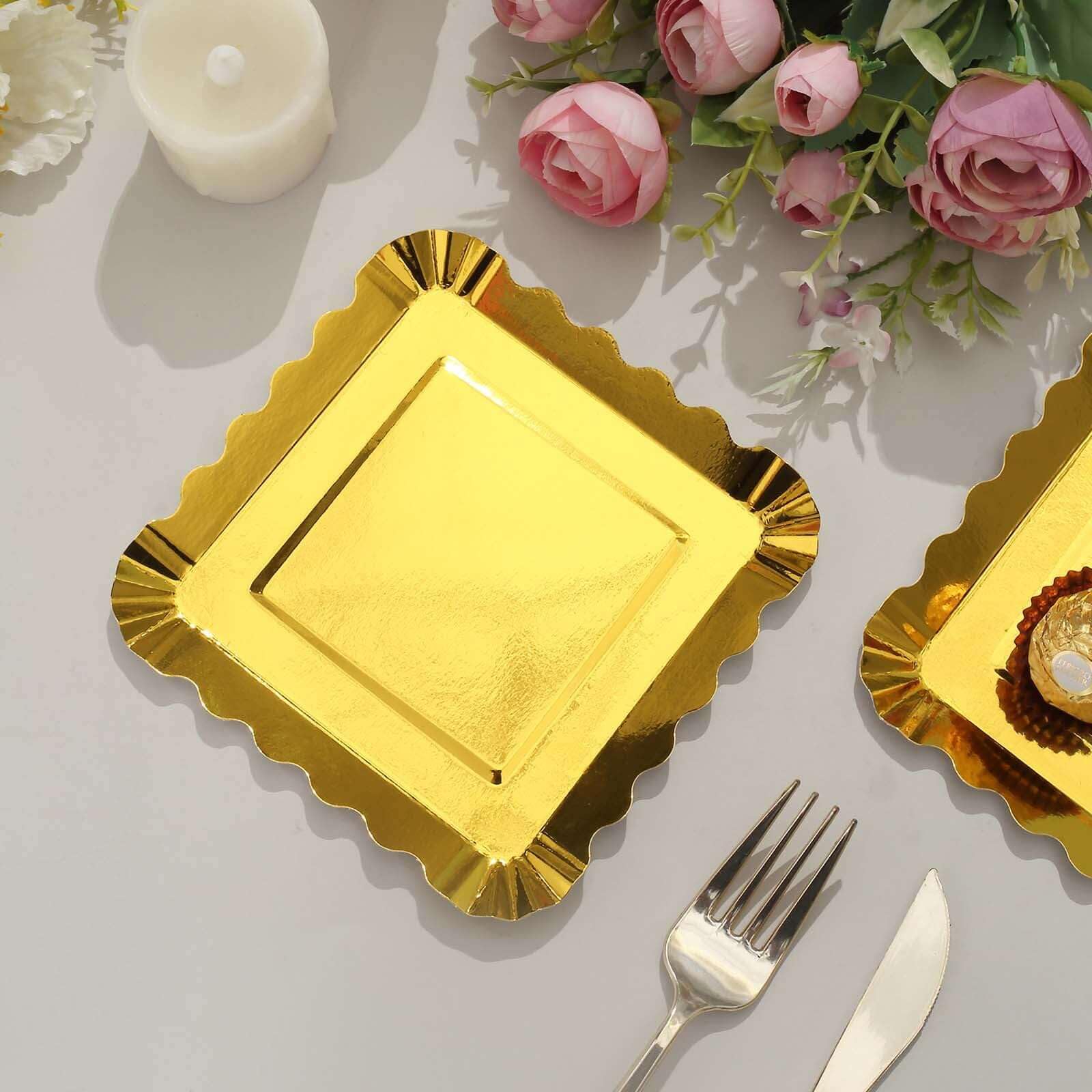 Efavormart 50 Pack | 5" Gold Foil Scalloped Rim Dessert Paper Plates, Disposable Square Appetizer Plates