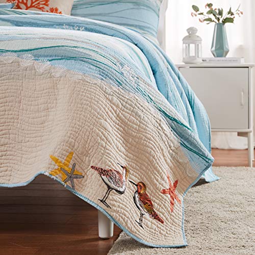 Greenland Home Maui Embroidered Coastal Quilt and Pillow Sham Set, King/California King (3 Piece), Blue