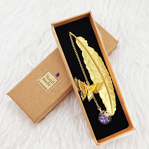 Metal Feather Bookmark, Vintage Book Marks with 3D Butterfly and Glass Beads Dry Flower Pendant, Mother's Day, Graduation Season for Women, Men Book Lovers Creative Gifts Bookmarks-Gold