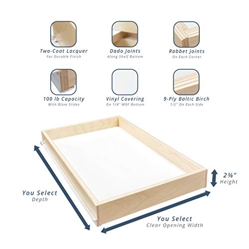 Sliding Pull-Out Shelf For Cabinets (Kitchen Cupboards, Pantry Drawers, Bathroom Storage) 2 3/8" Tall - 3/4 Slides & Base Mounting - Custom Clear Opening Width & Depth: (22", 17.75" (3/4))