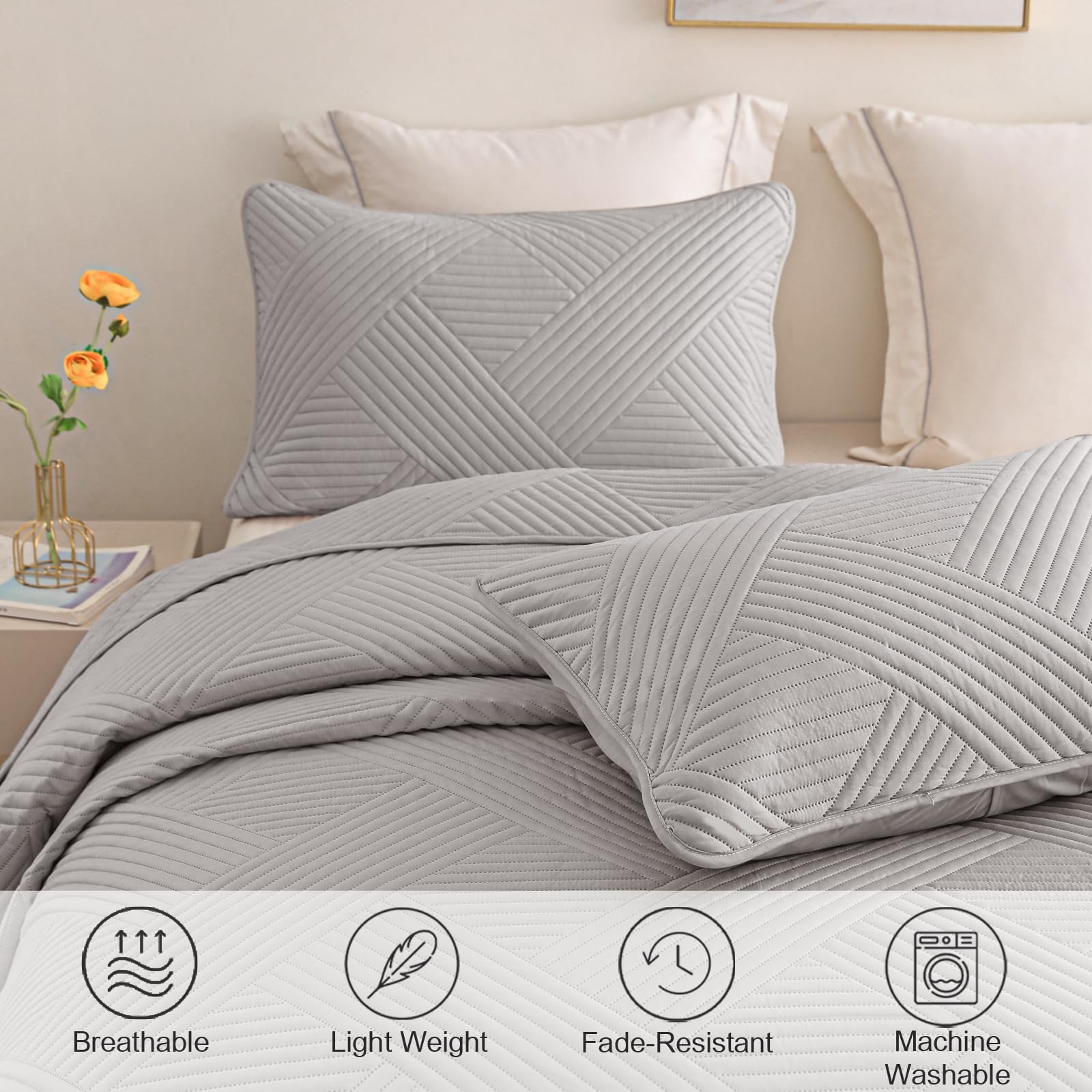 Whale Flotilla Queen Quilt Set, Soft Lightweight Quilts Bedspreads Coverlet with Embossed Pattern, Bedding Sets with 2 Pillow Shams, Reversible Bed Cover for All Seasons, 96x90 Inches, Light Grey