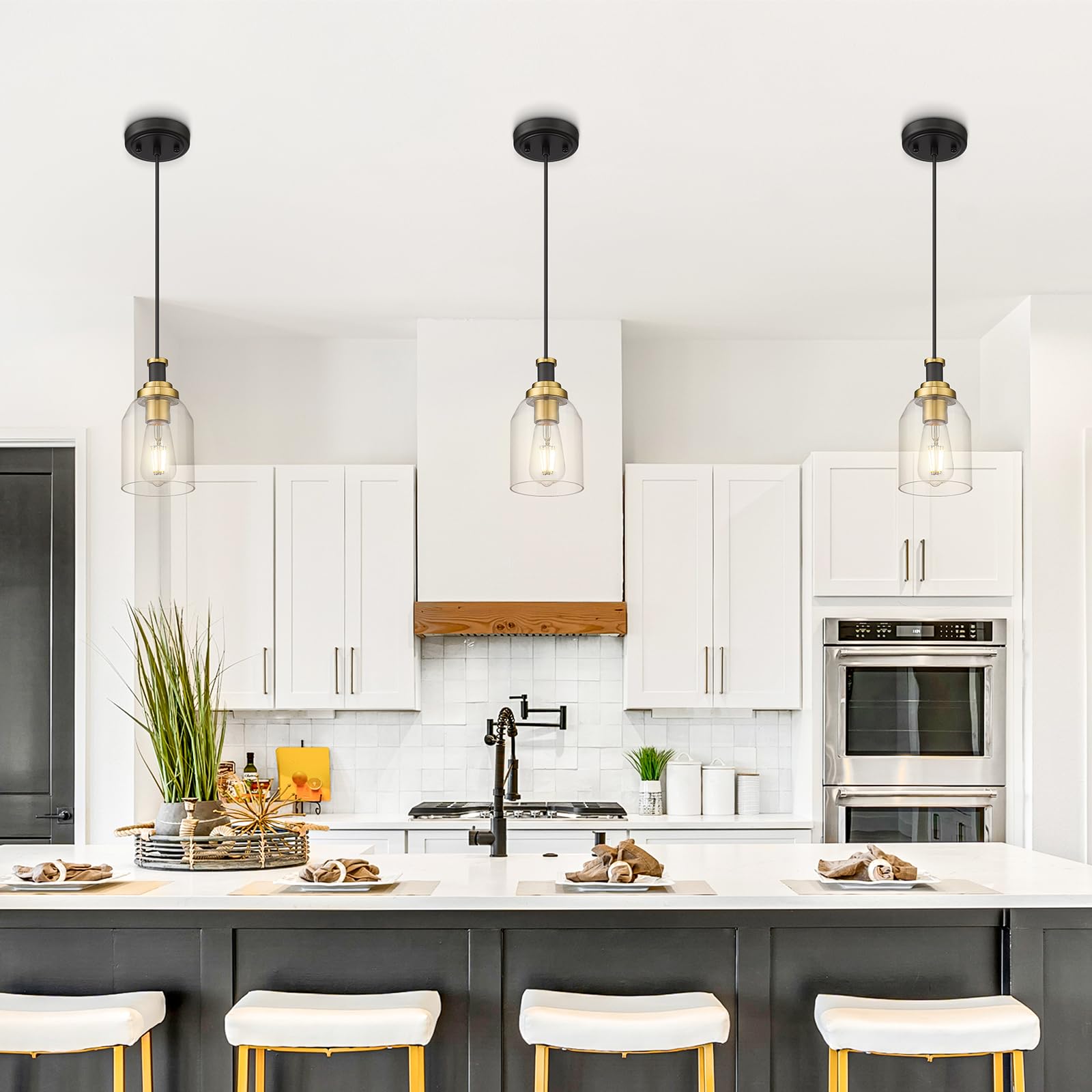 zeyu Modern Hanging Pendant Lights 2 Pack, Kitchen Pendant Lighting with Clear Glass Shade, Black and Gold Finish, ZG33M1L-2 BK+BG
