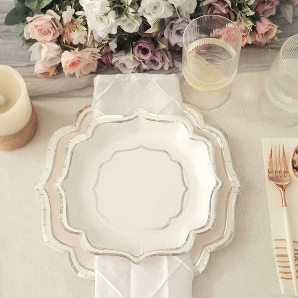 Tableclothsfactory 25 Pack | White/Silver 8" Scallop Rim Dessert Party Paper Plates, Disposable Appetizer Salad Plates - 300 GSM
