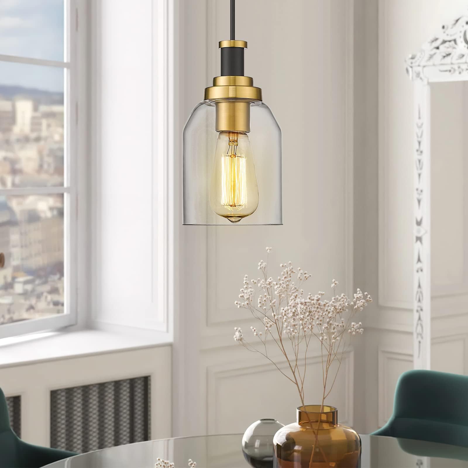 zeyu Modern Hanging Pendant Lights 2 Pack, Kitchen Pendant Lighting with Clear Glass Shade, Black and Gold Finish, ZG33M1L-2 BK+BG