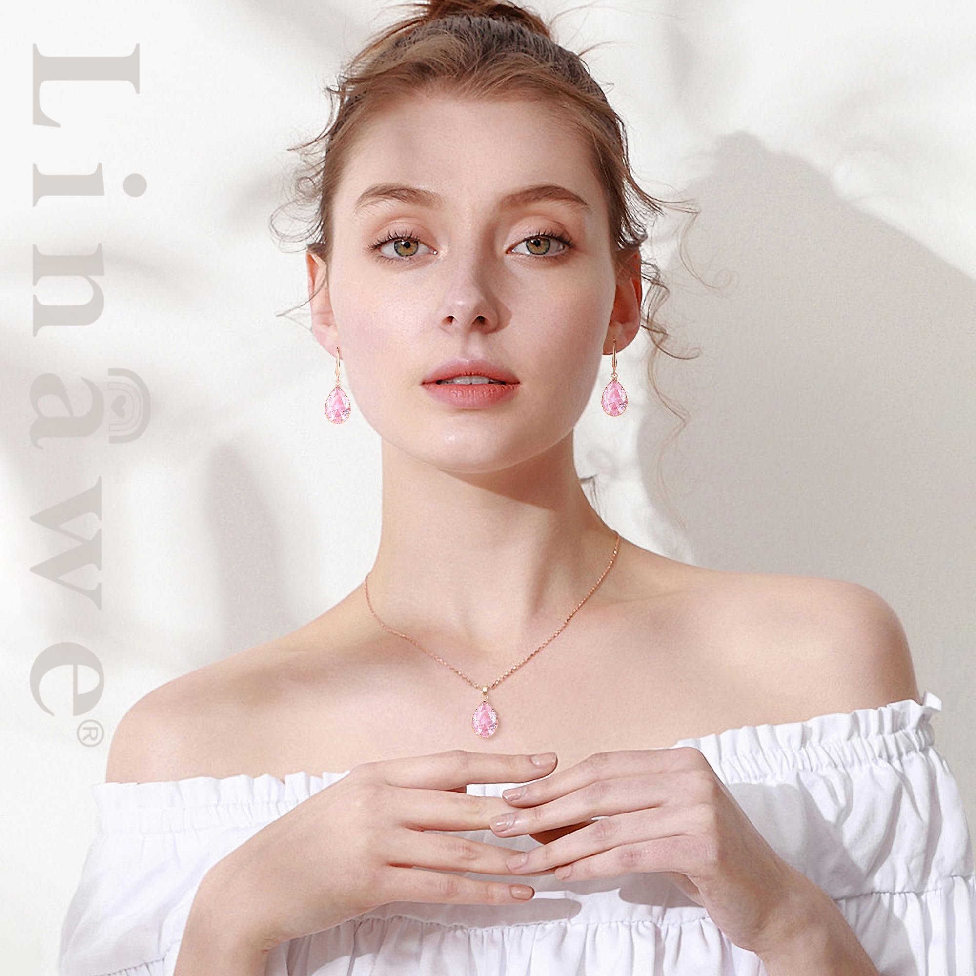 Linawe Rose Gold Pink Jewelry Sets, Crystal Pendant Necklace Set Pink Earrings Dangling Imitation Diamond Rhinestone Cubic Zirconia Birthstone Teardrop Dangle Matching Wedding Set