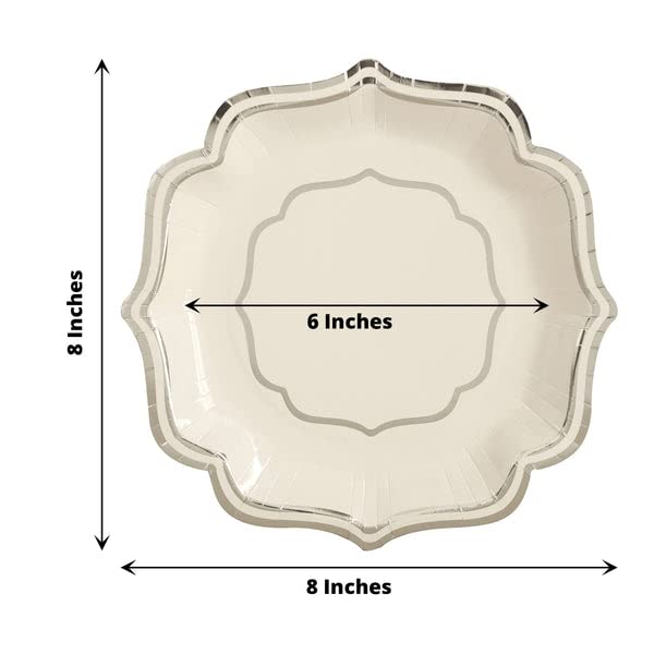 Tableclothsfactory 25 Pack | White/Silver 8" Scallop Rim Dessert Party Paper Plates, Disposable Appetizer Salad Plates - 300 GSM