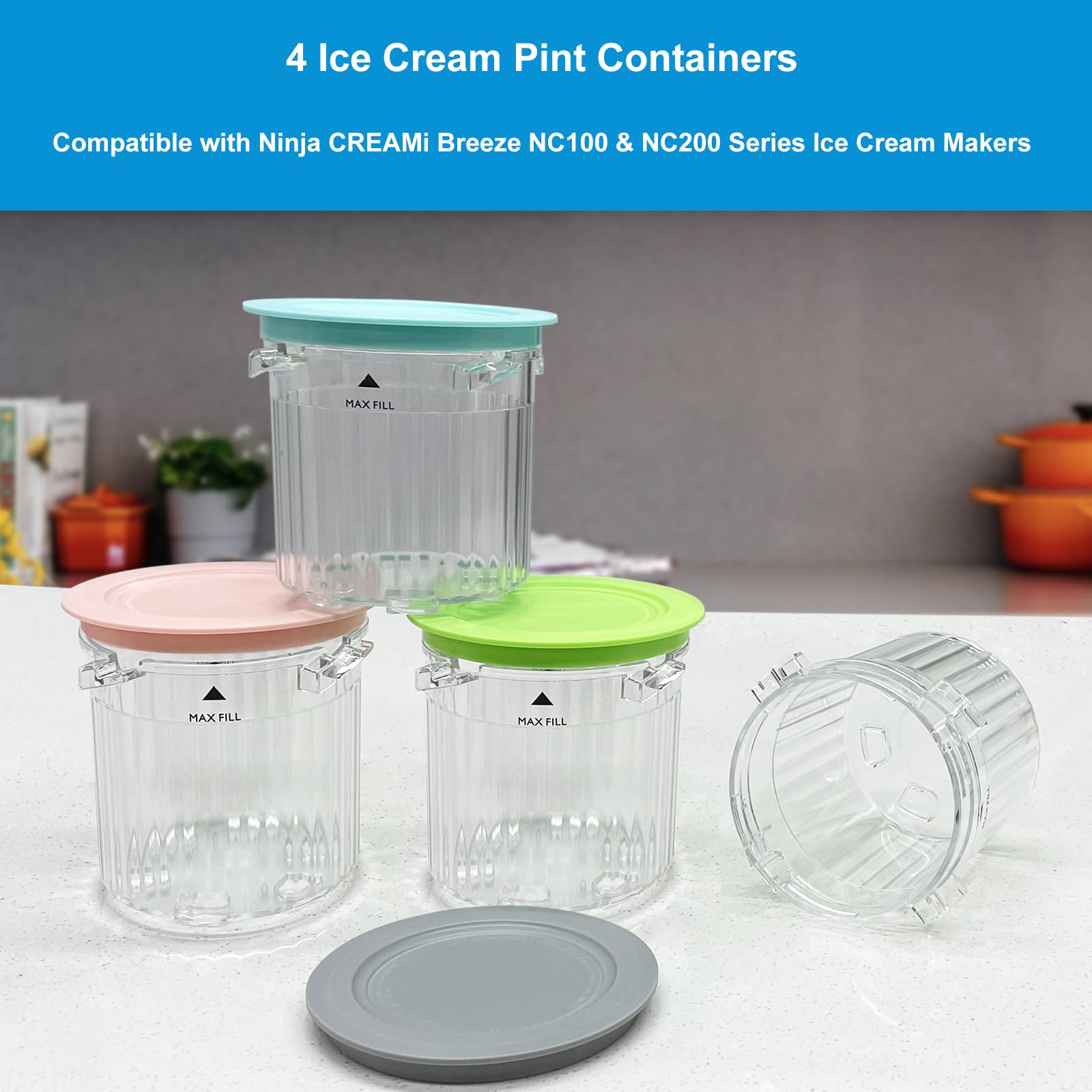 CUTIECLUB Pack of 4 Ice Cream Pint Containers and Lids for Ninja CREAMi Breeze NC100 & NC200 Series CREAMi Ice Cream Makers, Replacement Cups BPA-Free & Dishwasher Safe