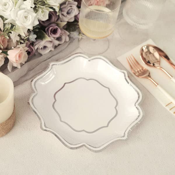 Tableclothsfactory 25 Pack | White/Silver 8" Scallop Rim Dessert Party Paper Plates, Disposable Appetizer Salad Plates - 300 GSM