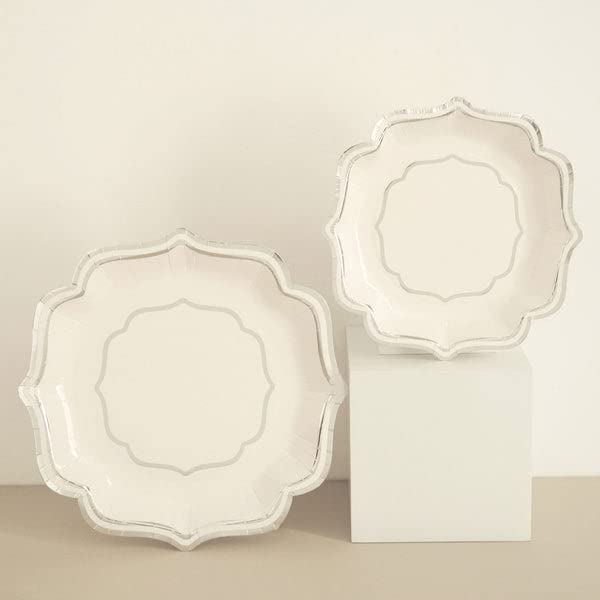 Tableclothsfactory 25 Pack | White/Silver 8" Scallop Rim Dessert Party Paper Plates, Disposable Appetizer Salad Plates - 300 GSM