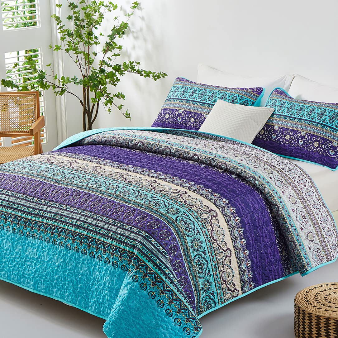 WONGS BEDDING Boho Quilt King Size, Blue Purple Bohemian King Quilt, Lightweight Microfiber Bed Decor Bedspread for All Season 103"x90"(3 Pieces)