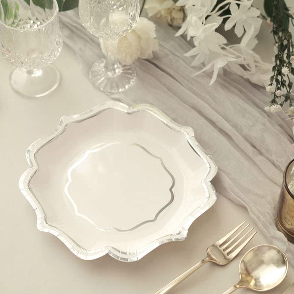 Tableclothsfactory 25 Pack | White/Silver 8" Scallop Rim Dessert Party Paper Plates, Disposable Appetizer Salad Plates - 300 GSM