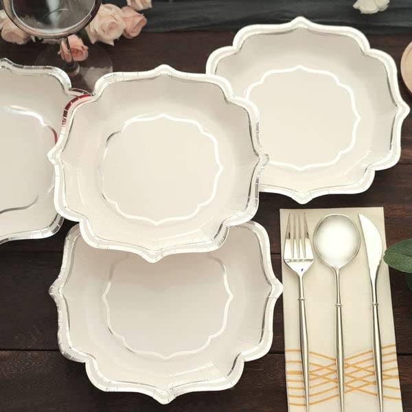 Tableclothsfactory 25 Pack | White/Silver 8" Scallop Rim Dessert Party Paper Plates, Disposable Appetizer Salad Plates - 300 GSM