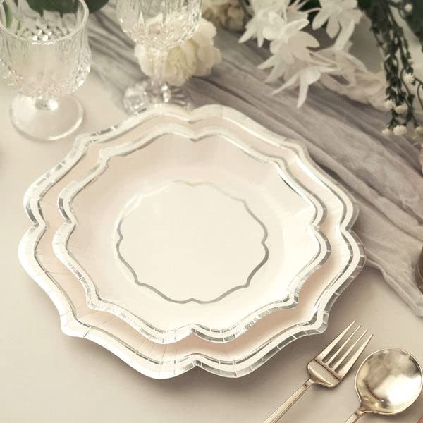 Tableclothsfactory 25 Pack | White/Silver 8" Scallop Rim Dessert Party Paper Plates, Disposable Appetizer Salad Plates - 300 GSM