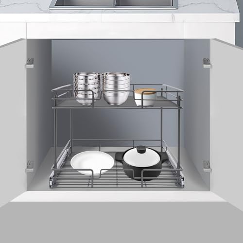 Pull Out Cabinet Organizer, Heavy Duty Metal Cabinet Drawers,Drawer Storage for Kitchen, Bathroom, Home,2 Tier Cabinet Pull Out Shelves (Grey)