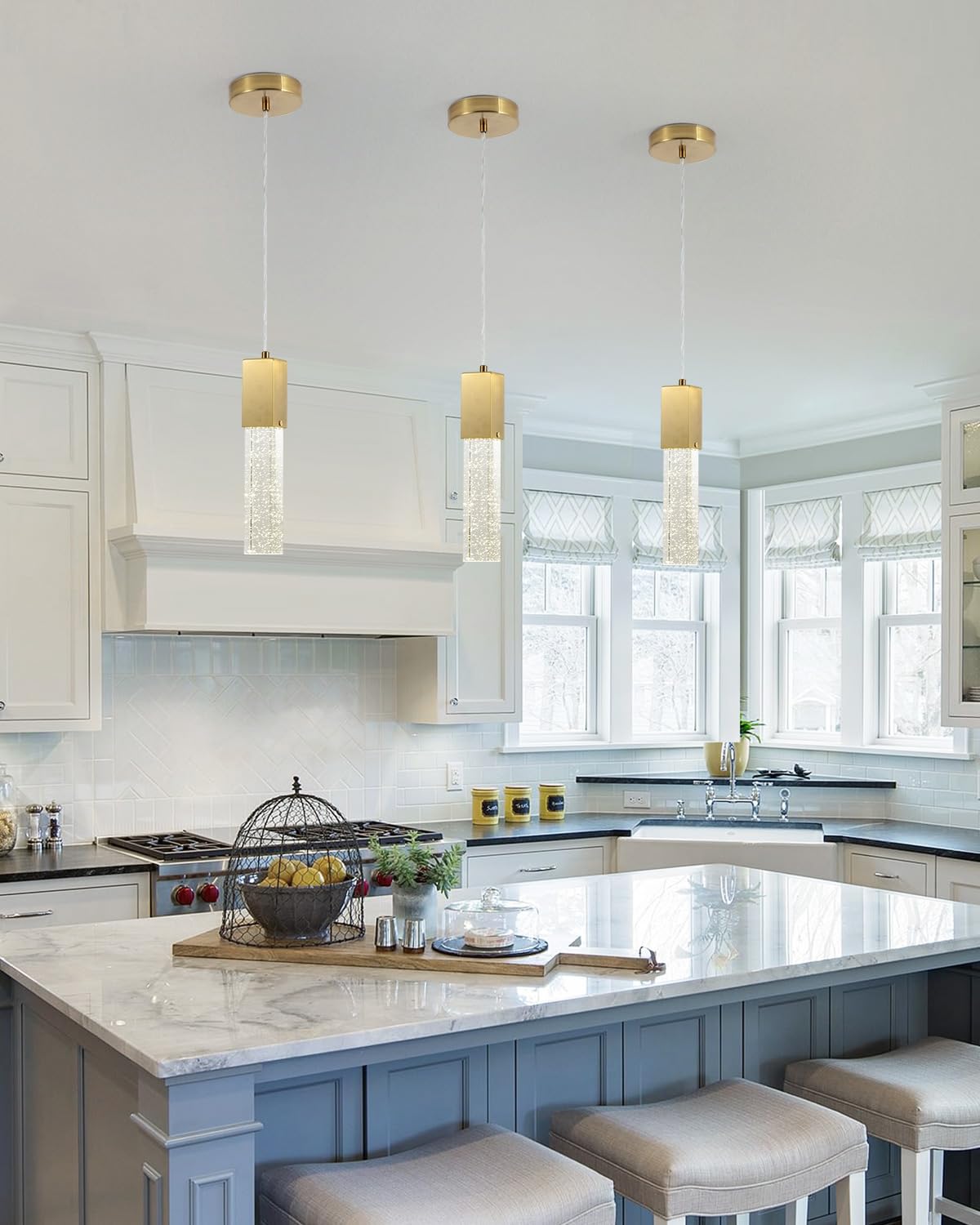 Mecgirn Modern Crystal Pendant Lights for Kitchen Island, Brushed Gold Pendant Light Fixtures 1-Light, Bubble Crystal Pendant Lighting for Bar Over Sink, GU10 Base (Bulb Not Included)