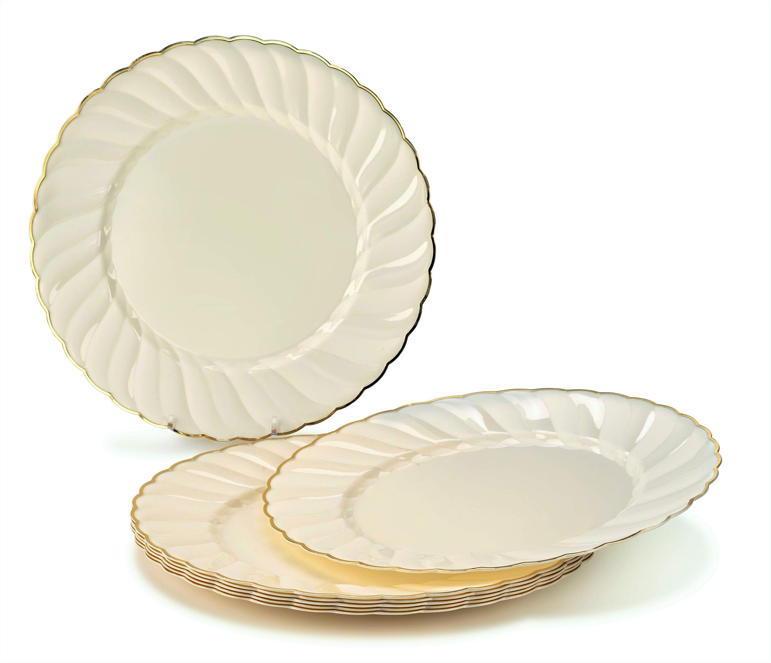 " OCCASIONS " 50 Plates Pack (25 Guests)-Vintage Wedding Party Disposable Plastic Plate Set -25 x 10.25'' Dinner + 25 x 7.5'' Salad/dessert plates (Blossom Ivory & Gold)