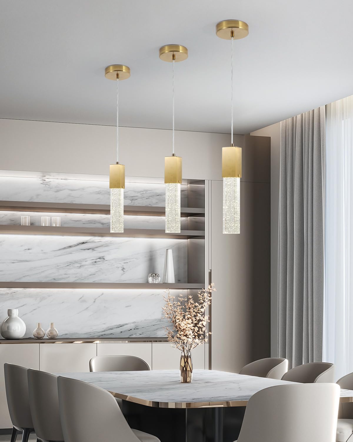 Mecgirn Modern Crystal Pendant Lights for Kitchen Island, Brushed Gold Pendant Light Fixtures 1-Light, Bubble Crystal Pendant Lighting for Bar Over Sink, GU10 Base (Bulb Not Included)
