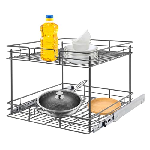 Pull Out Cabinet Organizer, Heavy Duty Metal Cabinet Drawers,Drawer Storage for Kitchen, Bathroom, Home,2 Tier Cabinet Pull Out Shelves (Grey)
