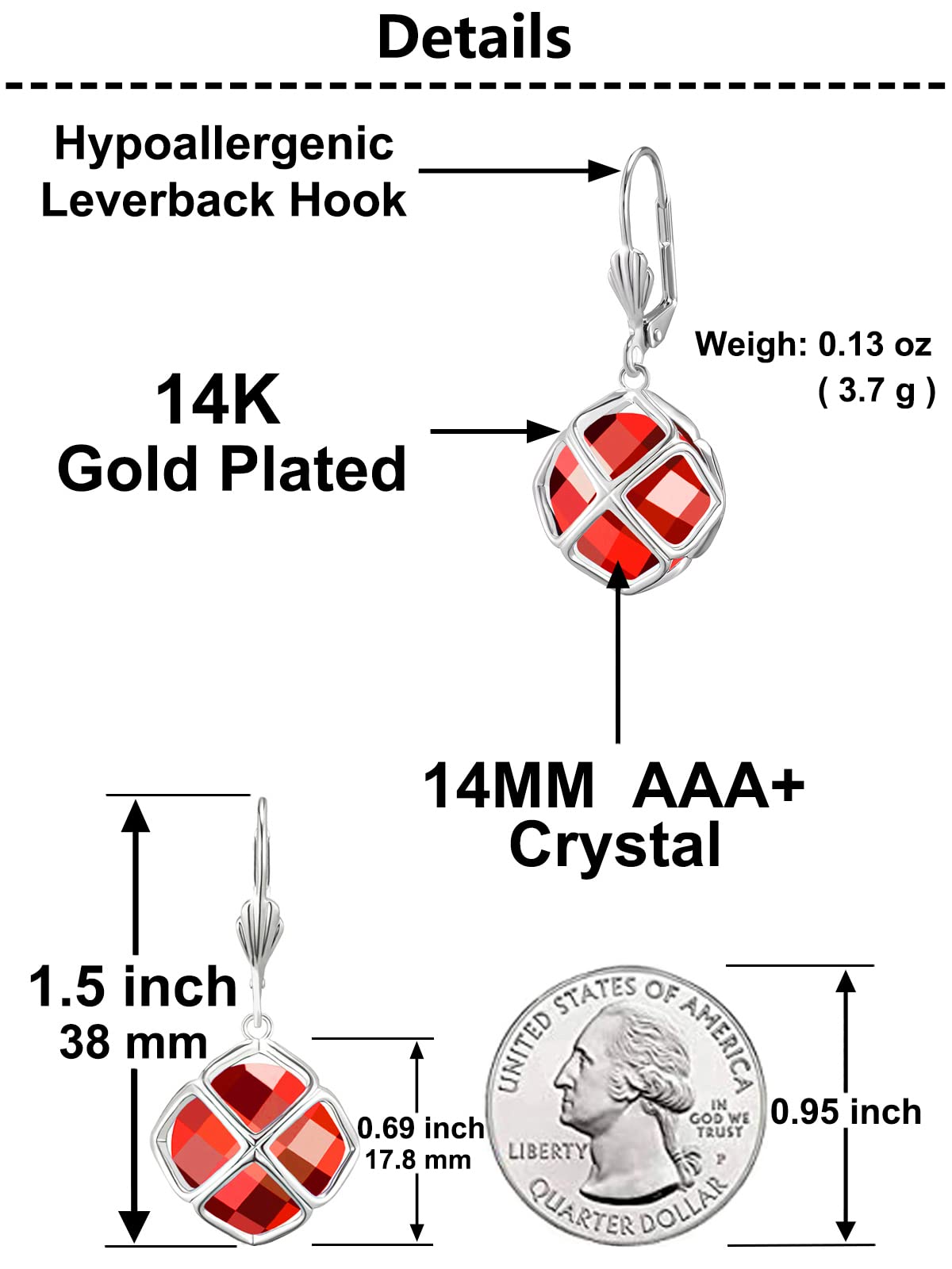 Qinpan 14MM Crystal Pendant Drop Dangle Necklace Earrings Set for Women Glod Plated Costume Jewelry Sets, 38*17.8mm, Yellow Gold, crystal