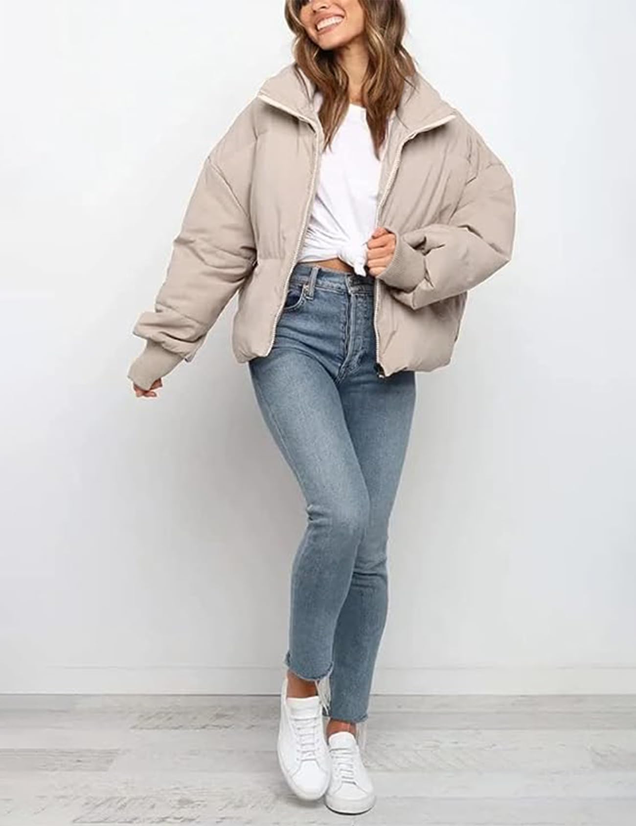 Gihuo Women’s Winter Cropped Puffer Jacket Coat Short Warm Quilted Jacket(Beige-L)
