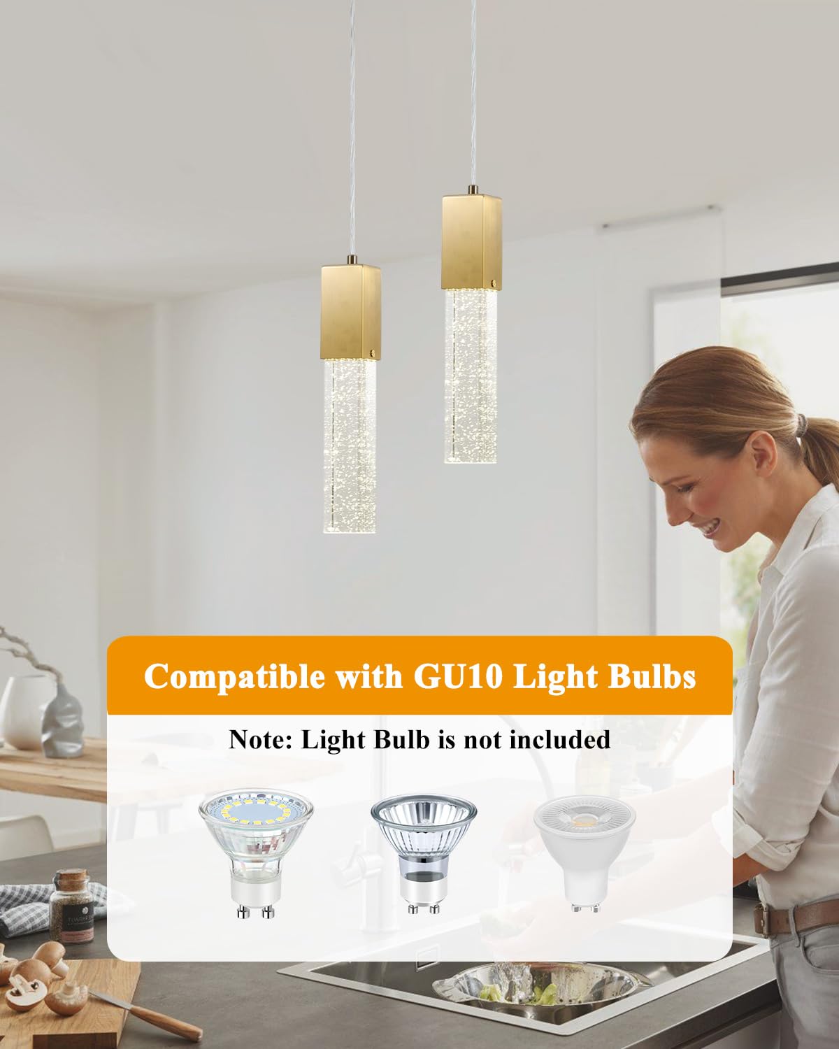 Mecgirn Modern Crystal Pendant Lights for Kitchen Island, Brushed Gold Pendant Light Fixtures 1-Light, Bubble Crystal Pendant Lighting for Bar Over Sink, GU10 Base (Bulb Not Included)