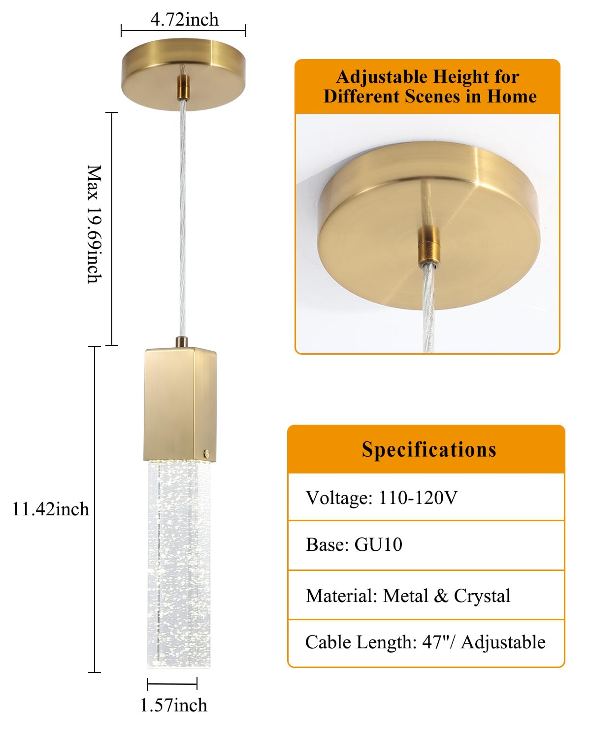 Mecgirn Modern Crystal Pendant Lights for Kitchen Island, Brushed Gold Pendant Light Fixtures 1-Light, Bubble Crystal Pendant Lighting for Bar Over Sink, GU10 Base (Bulb Not Included)