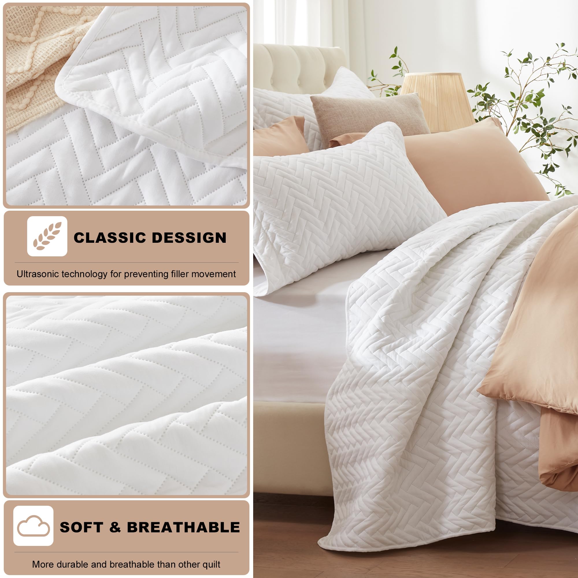 GRT White Quilt Set King Size with Pillow Shams - Lightweight Quilt Reversible Modern Style Bedspread Coverlet Set Rectangle Pattern - Soft Microfiber Quilt Bedding Set for All Season