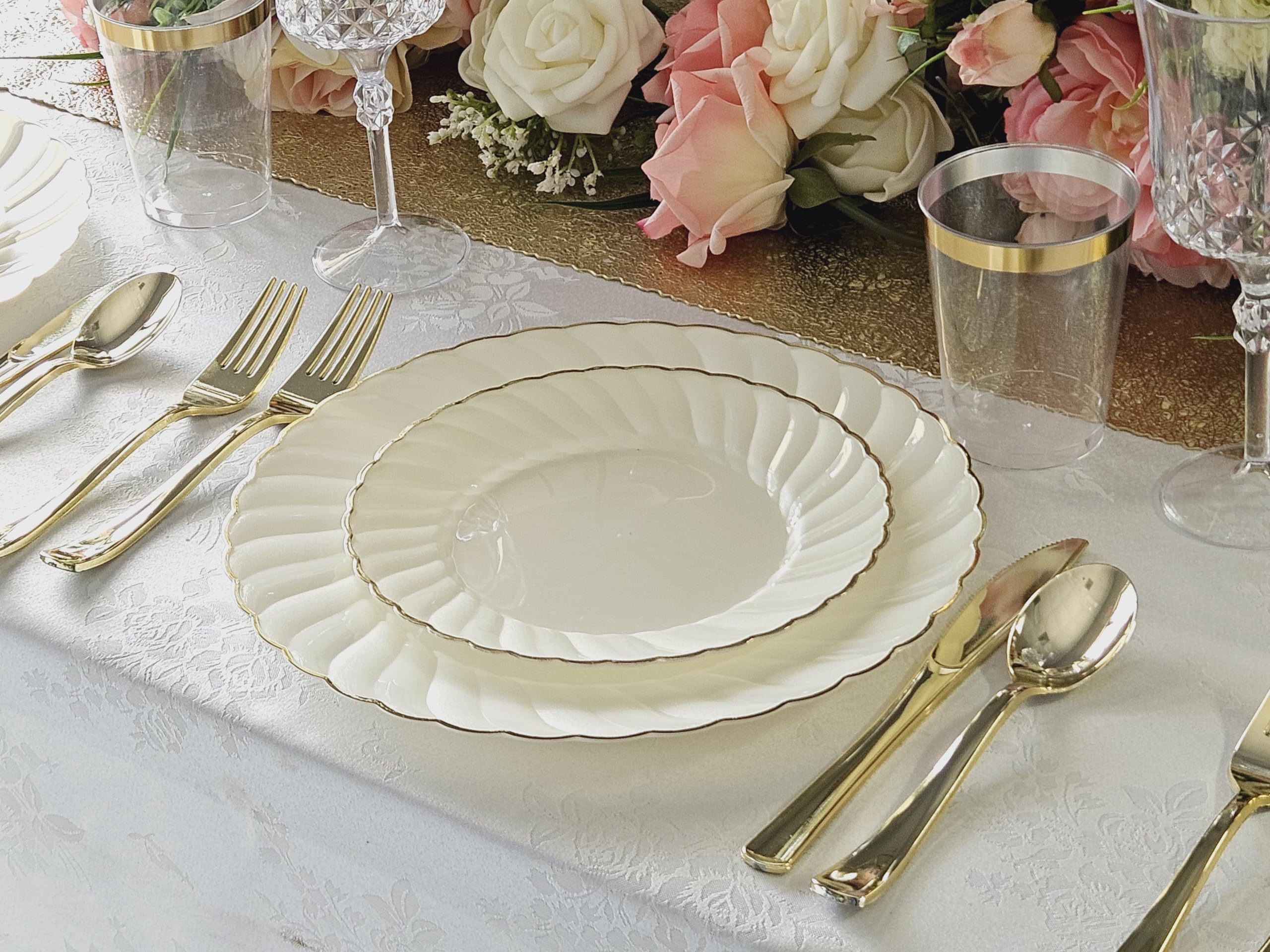 " OCCASIONS " 50 Plates Pack (25 Guests)-Vintage Wedding Party Disposable Plastic Plate Set -25 x 10.25'' Dinner + 25 x 7.5'' Salad/dessert plates (Blossom Ivory & Gold)