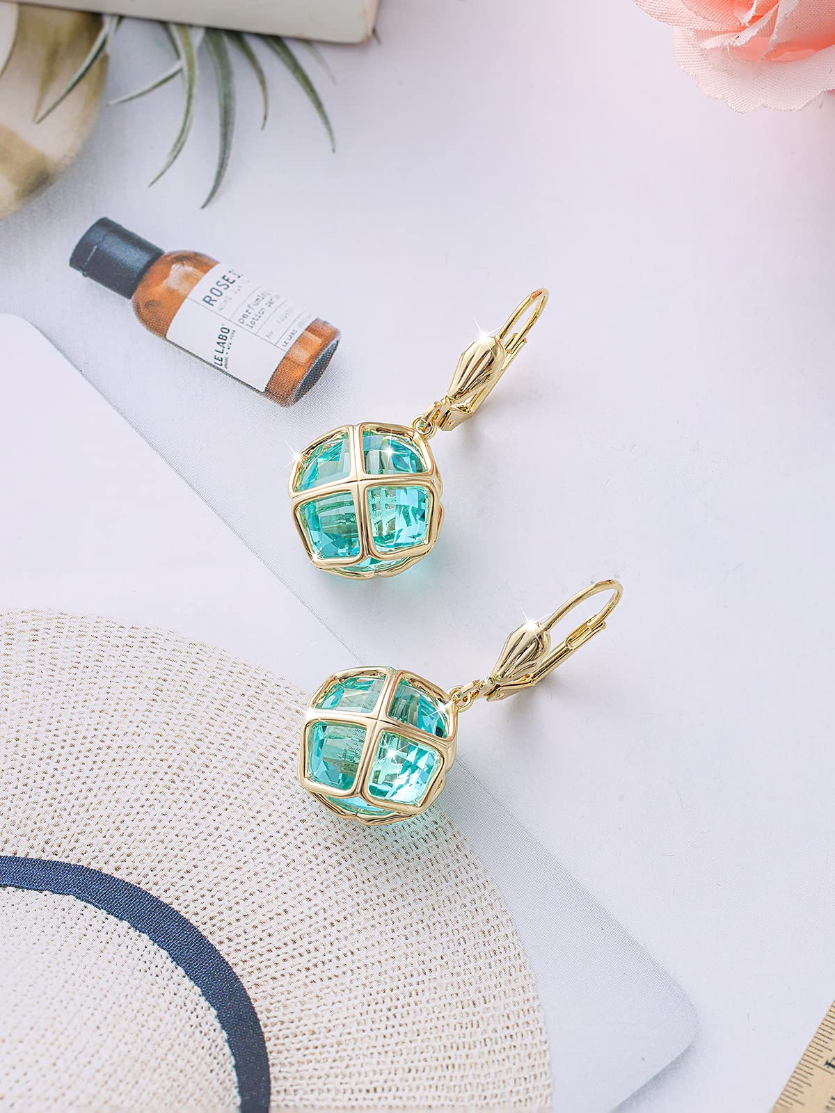 Qinpan 14MM Crystal Pendant Drop Dangle Necklace Earrings Set for Women Glod Plated Costume Jewelry Sets, 38*17.8mm, Yellow Gold, crystal