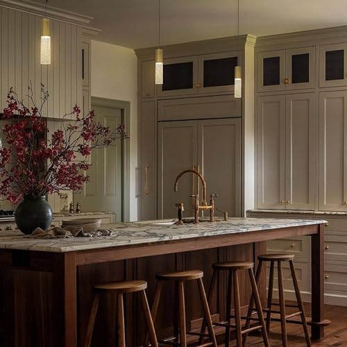 Pendant Lights Kitchen Island, Ceiling Hanging LED Vanity Light Fixtures with 3000K, Modern Crystal Cylindrical Shape Pendant Modern Kitchen Island Lighting for Dining Room, Bar- 2 Pack (Gold)