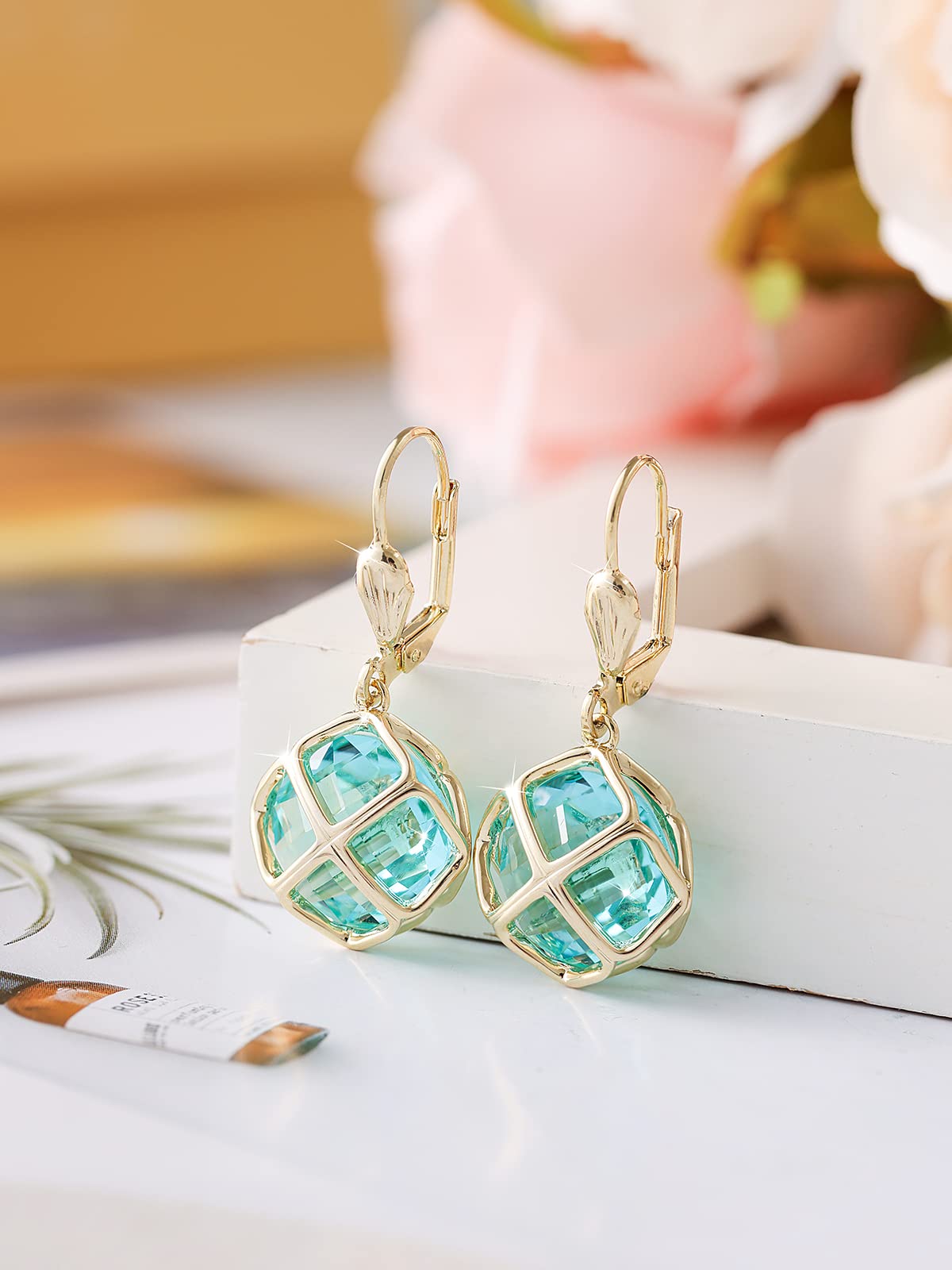 Qinpan 14MM Crystal Pendant Drop Dangle Necklace Earrings Set for Women Glod Plated Costume Jewelry Sets, 38*17.8mm, Yellow Gold, crystal