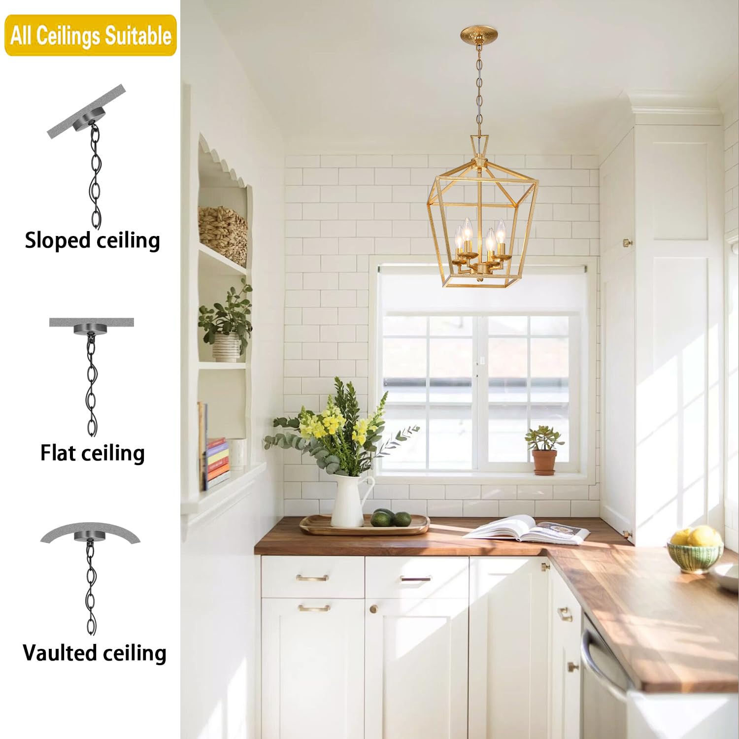 Untrammelife 4-Light Aged Gold Lantern Pendant Light, Adjustable Height Metal Geometric Light Fixture 12ββ Classic Cage Lantern Chandelier for Kitchen Island Hallway, Hand-Pasted Gold Foil Finish
