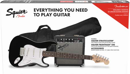 Fender Squier Stratocaster - Black Bundle with Frontman 10G Amplifier, Gig Bag, Instrument Cable, Strap, Picks, Fender Play Online Lessons, Instructional Book, and Instructional DVD